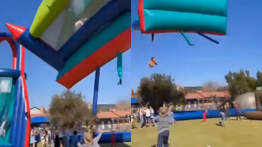 ¡ATERRADOR MOMENTO! Un castillo inflable sale volando a casi 12 metros ...
